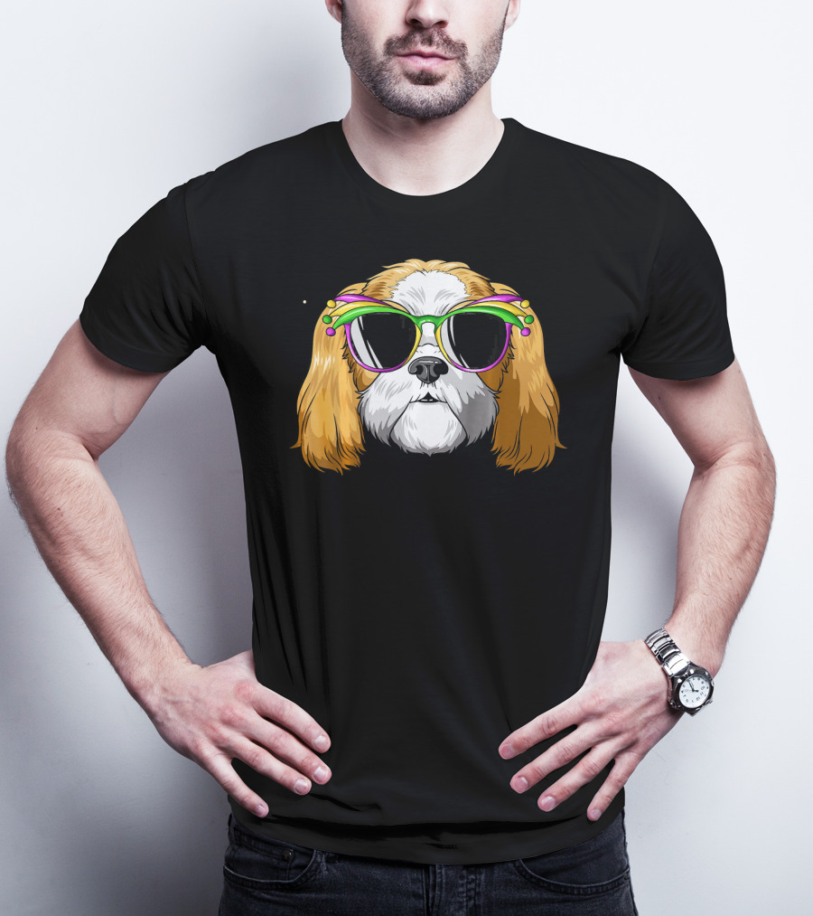 Shih Tzu Wearing Colorful Mardi Gras Carnival Mask Glasses T-Shirt