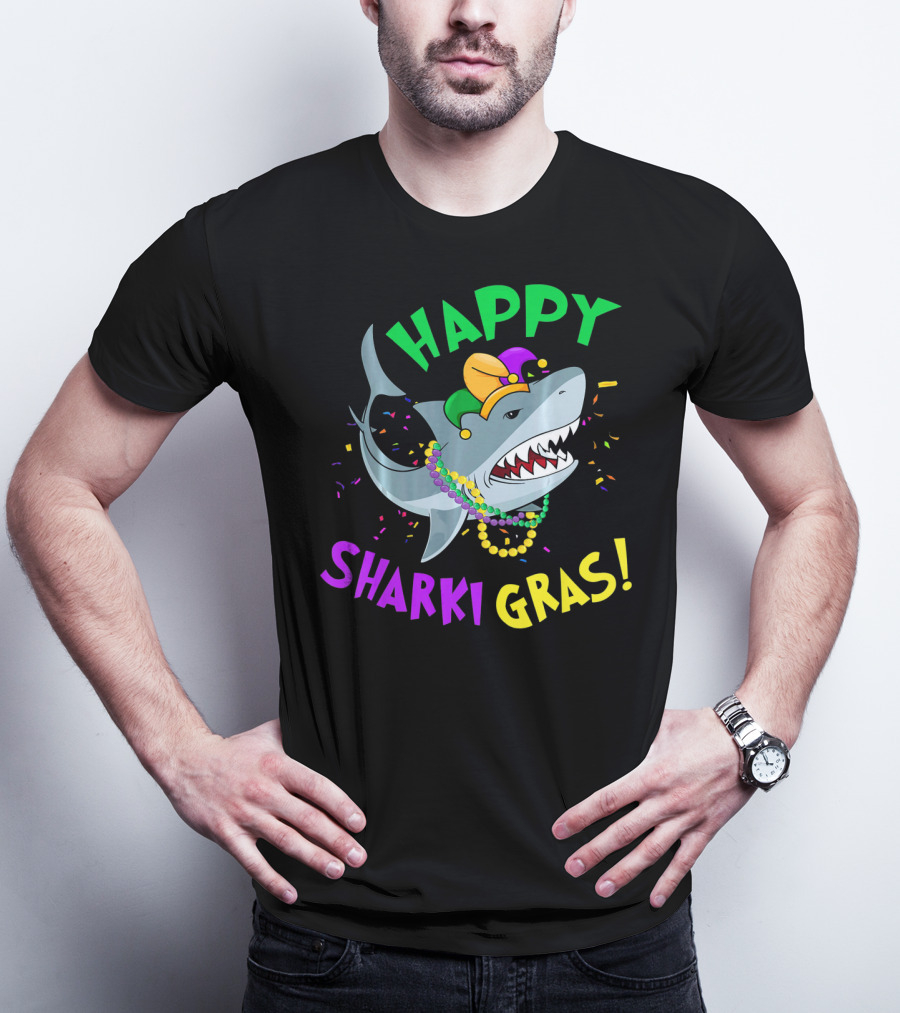 Happy Sharki Gras Mardi Gras Shark With Beads And Jester Hat T-Shirt