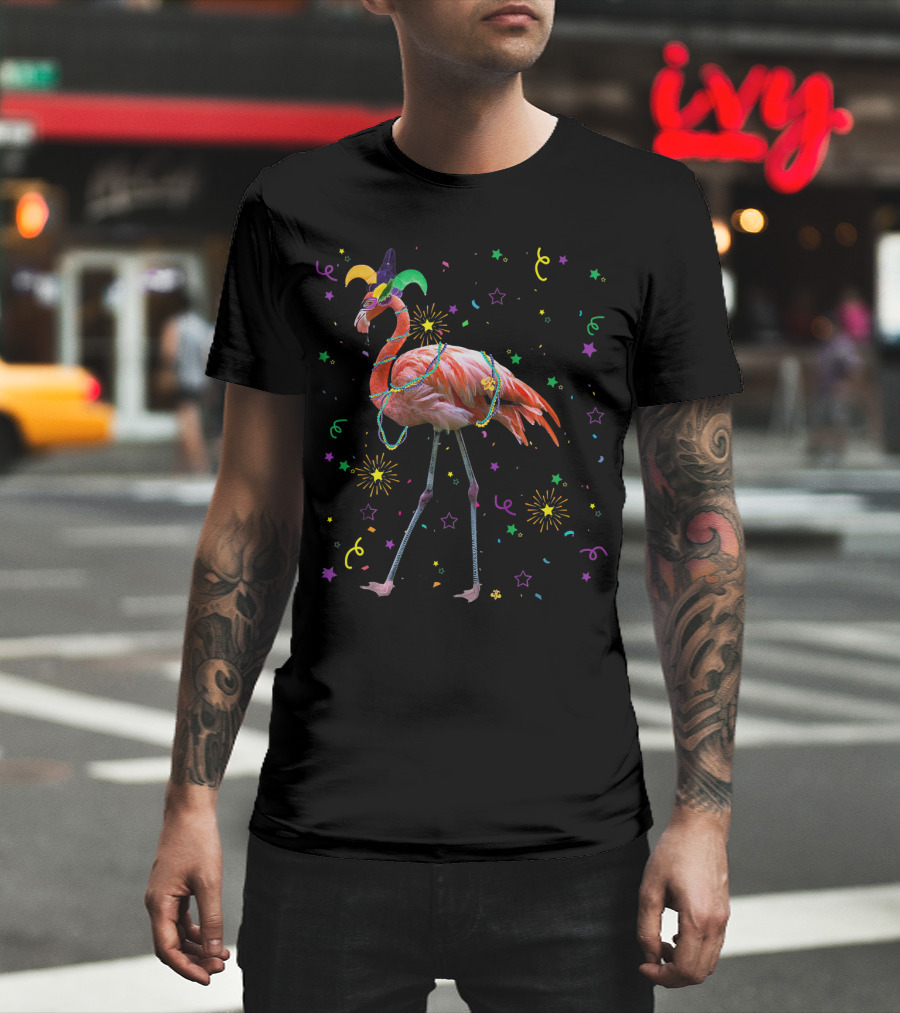 Flamingo Mardi Gras Carnival Festival Celebration With Jester Hat And Beads T-Shirt