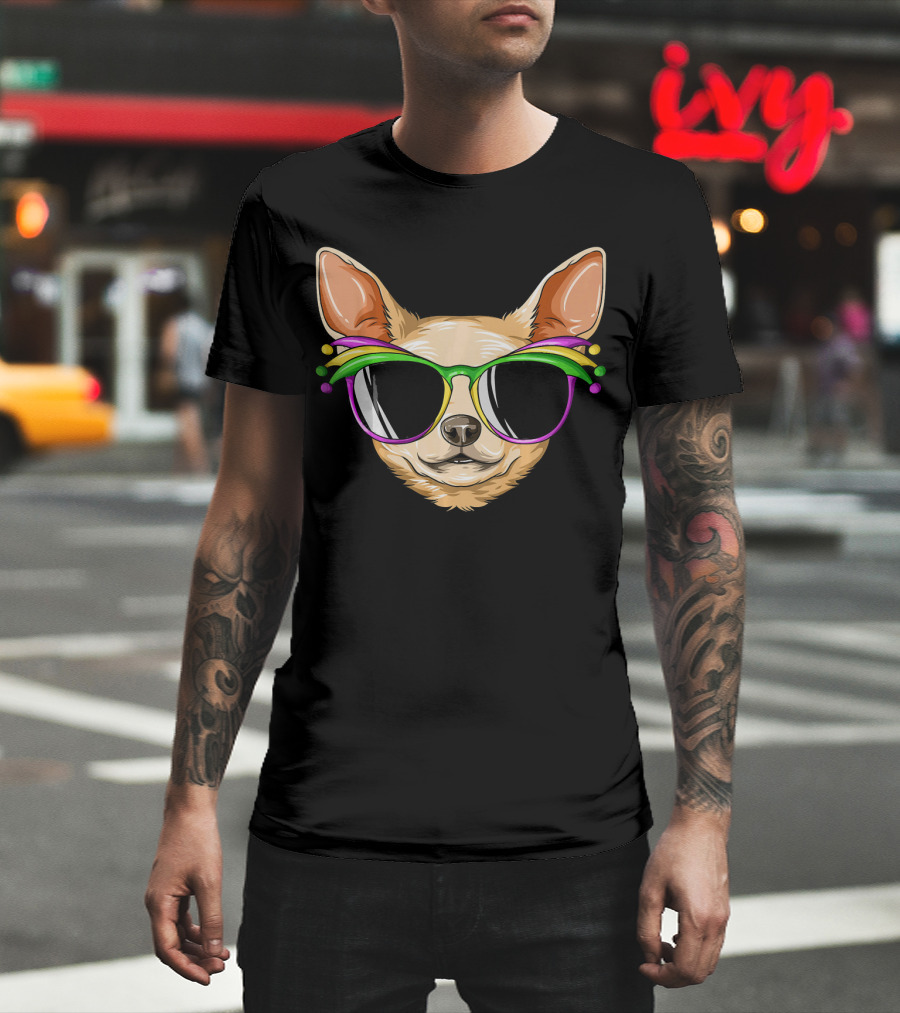 Chihuahua Mardi Gras Carnival Mask Sunglasses T-Shirt