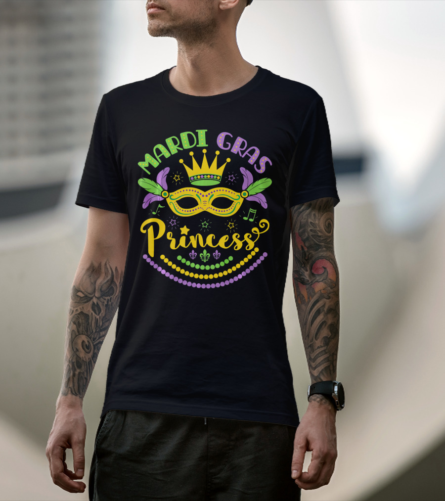 Mardi Gras Princess Crown Mask Beads Fleur-de-Lis Feathers Carnival T-Shirt