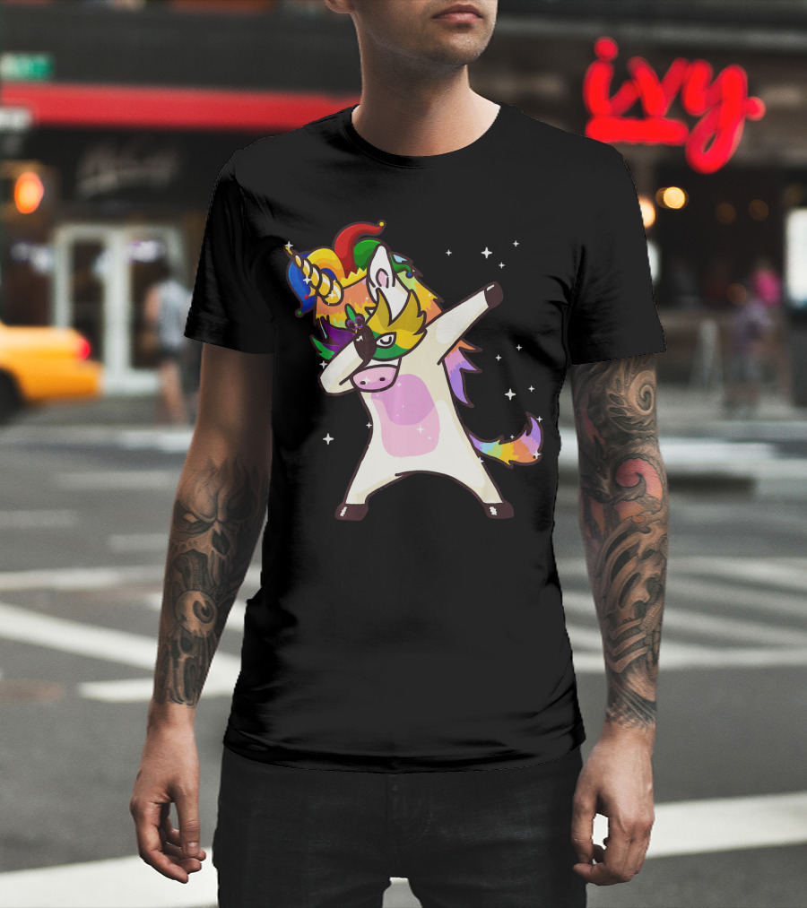 Mardi Gras Dabbing Unicorn Jester Mask Party T-Shirt