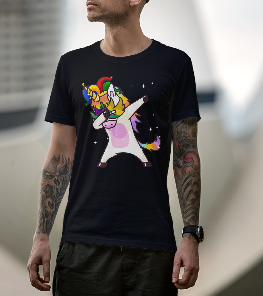 Mardi Gras Dabbing Unicorn Jester Mask Party T-Shirt