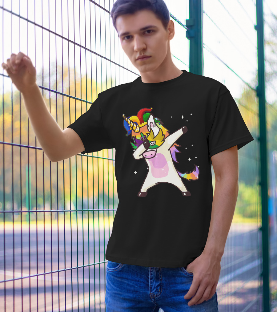 Mardi Gras Dabbing Unicorn Jester Mask Party T-Shirt
