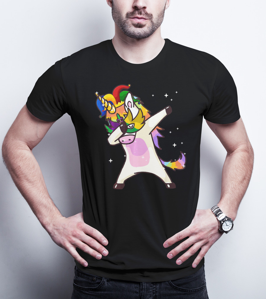 Mardi Gras Dabbing Unicorn Jester Mask Party T-Shirt