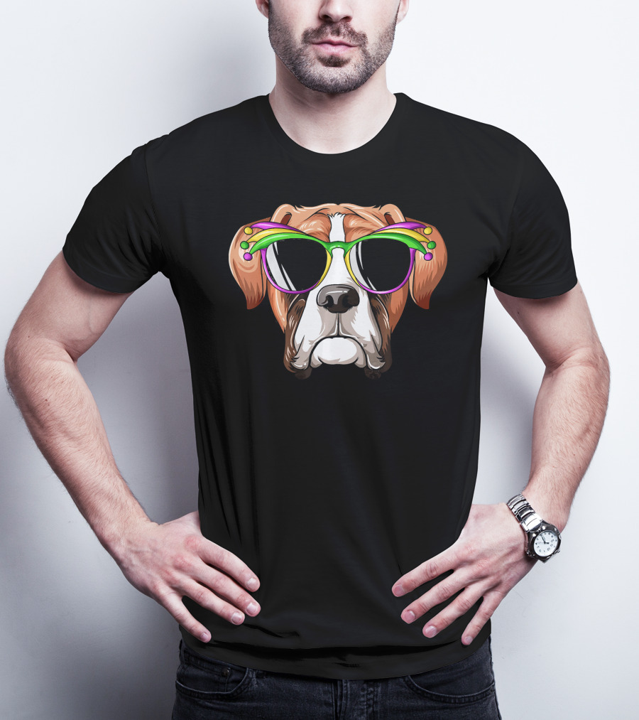 Boxer Dog Mardi Gras Jester Glasses Carnival Mask T-Shirt