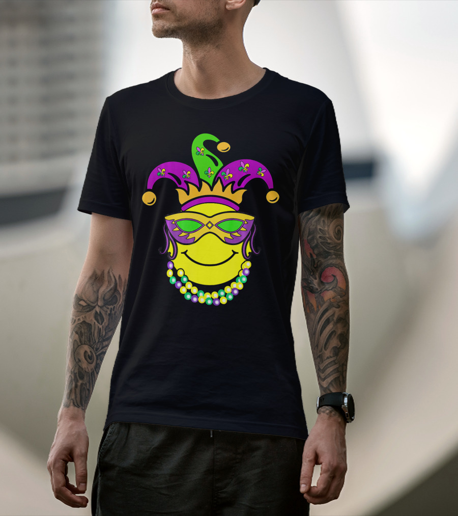 Mardi Gras Emoji Jester Mask Fleur-de-Lis Beads Funny Mardi Gras Lover T-Shirt