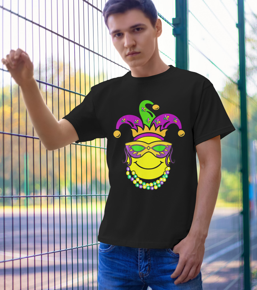 Mardi Gras Emoji Jester Mask Fleur-de-Lis Beads Funny Mardi Gras Lover T-Shirt
