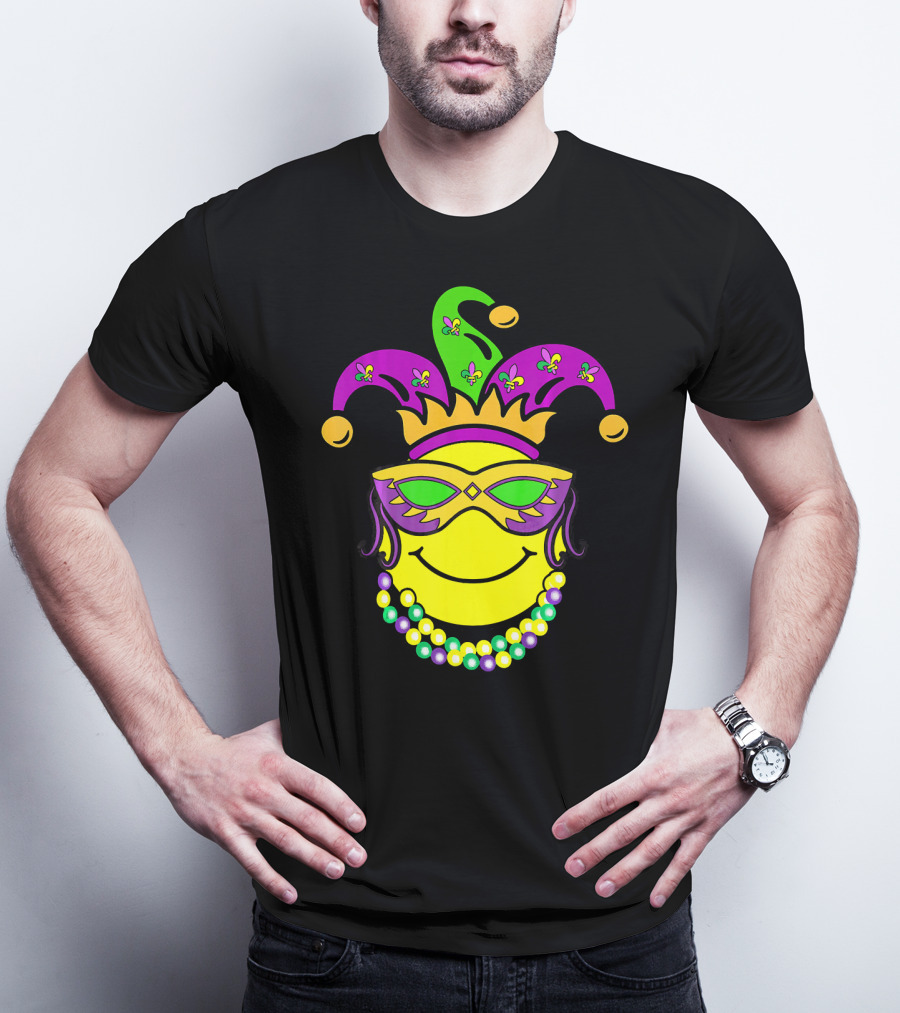 Mardi Gras Emoji Jester Mask Fleur-de-Lis Beads Funny Mardi Gras Lover T-Shirt