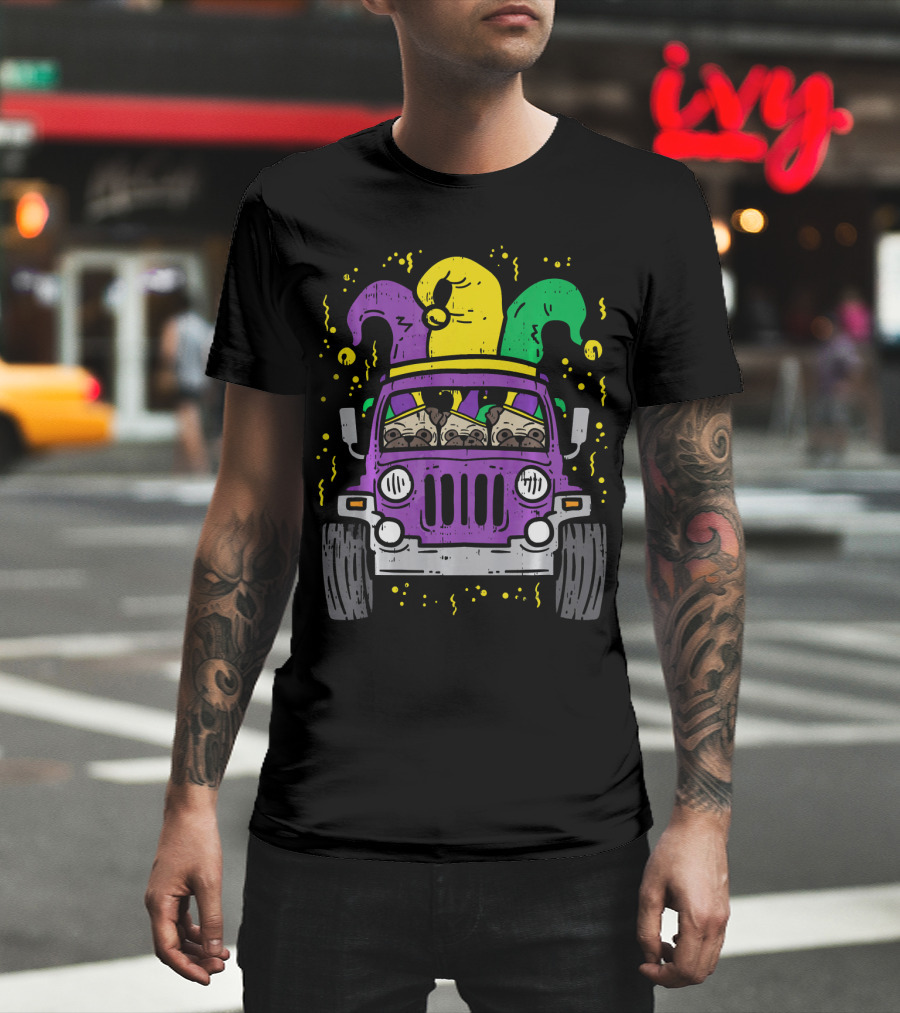 Mardi Gras Jester Pug Dogs In Purple Car T-Shirt