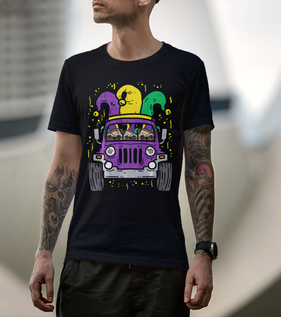 Mardi Gras Jester Pug Dogs In Purple Car T-Shirt