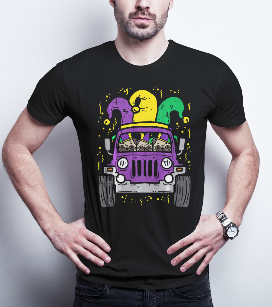 Mardi Gras Jester Pug Dogs In Purple Car T-Shirt