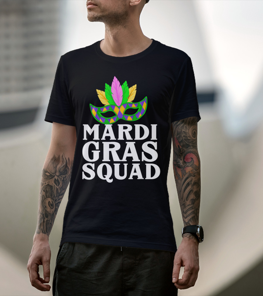 Mardi Gras Squad Colorful Mask And Feathers T-Shirt