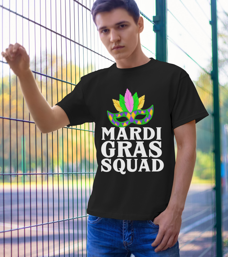 Mardi Gras Squad Colorful Mask And Feathers T-Shirt