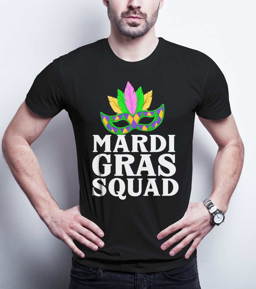 Mardi Gras Squad Colorful Mask And Feathers T-Shirt