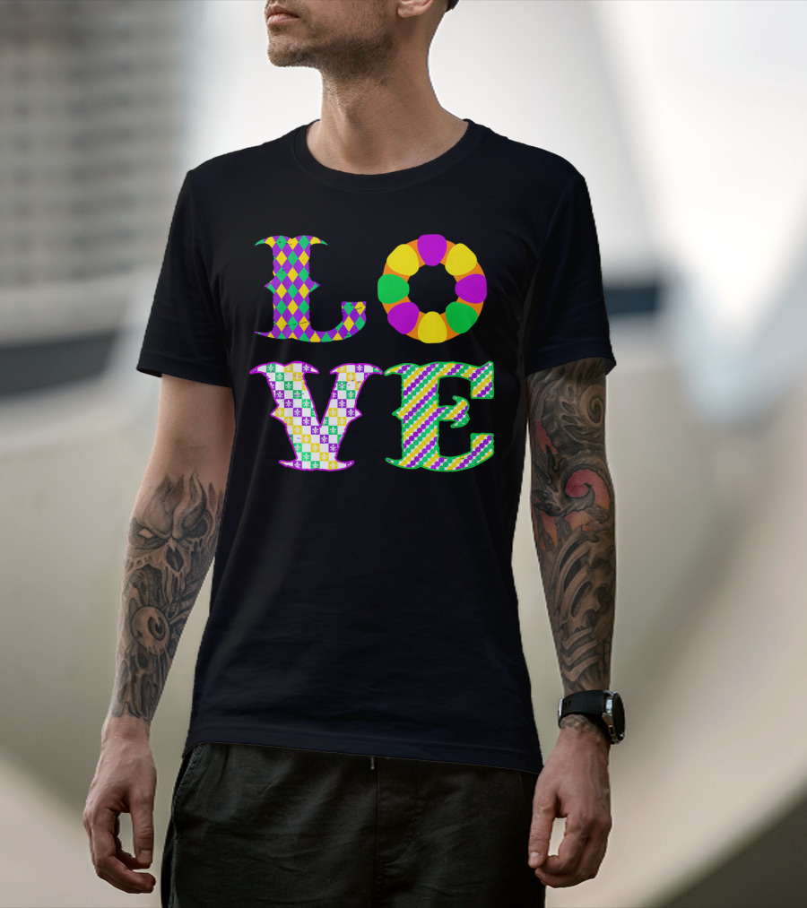 Mardi Gras Love Harlequin Pattern New Orleans T-Shirt