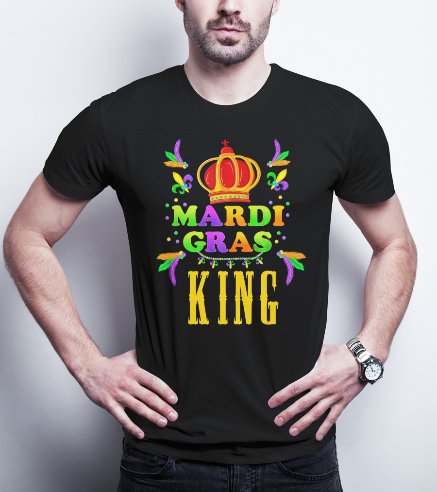 Mardi Gras King Cute Shrove Tuesday Fun Colorful Crown Feathers Fleur-de-Lis T-Shirt