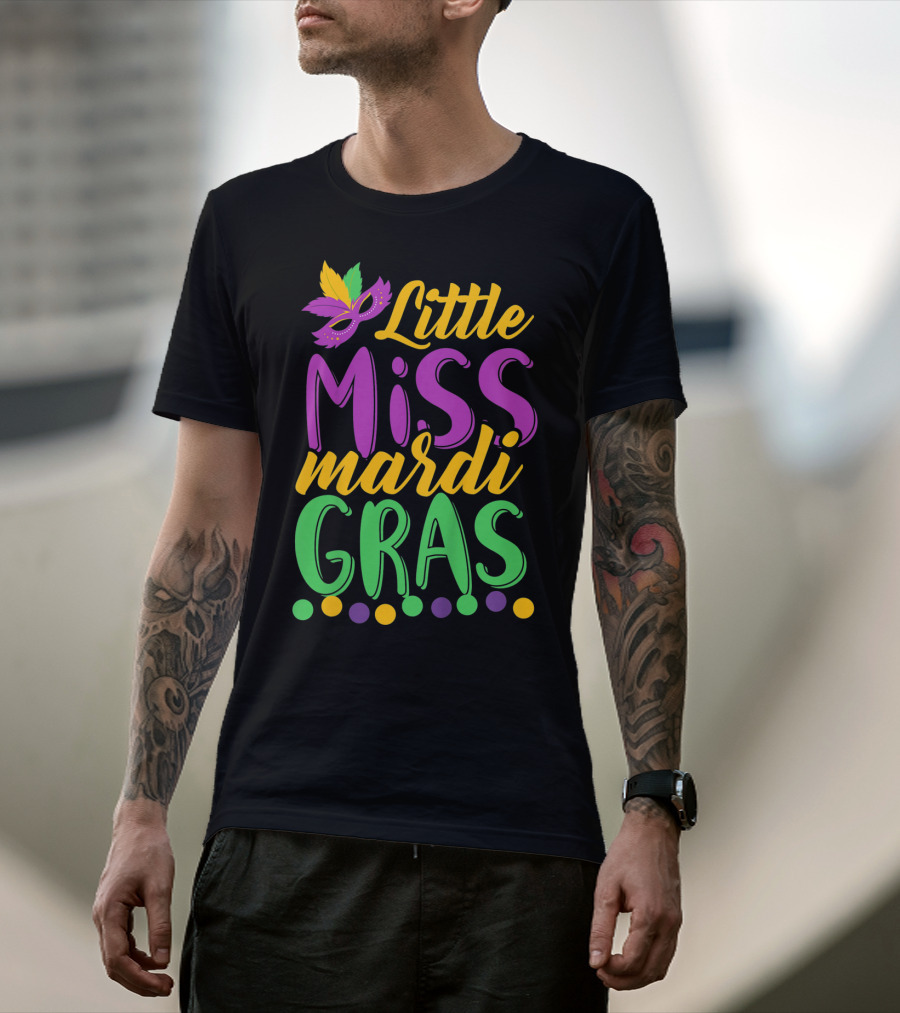 Little Miss Mardi Gras Funny Mardi Mask Feathers Colorful Dots T-Shirt