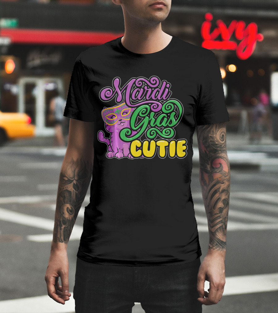 Mardi Gras Cutie Girls Parade Cute Novel Cat With Mask T-Shirt