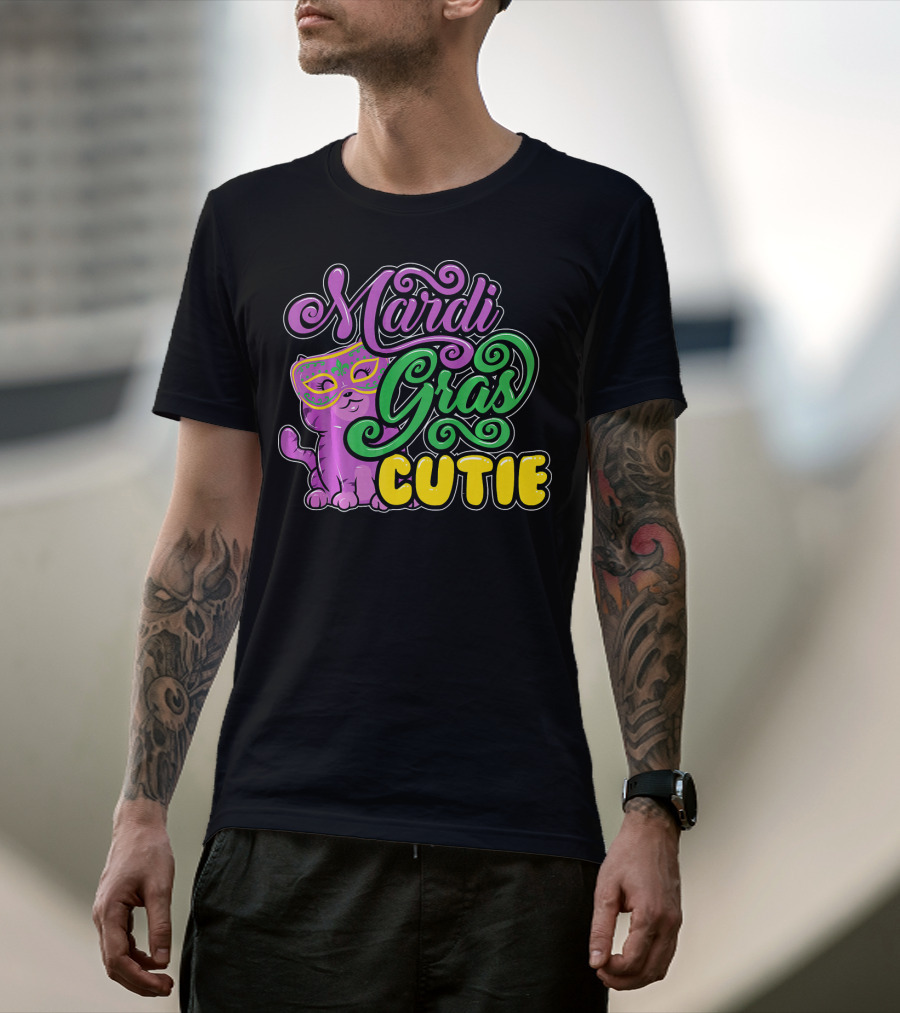 Mardi Gras Cutie Girls Parade Cute Novel Cat With Mask T-Shirt