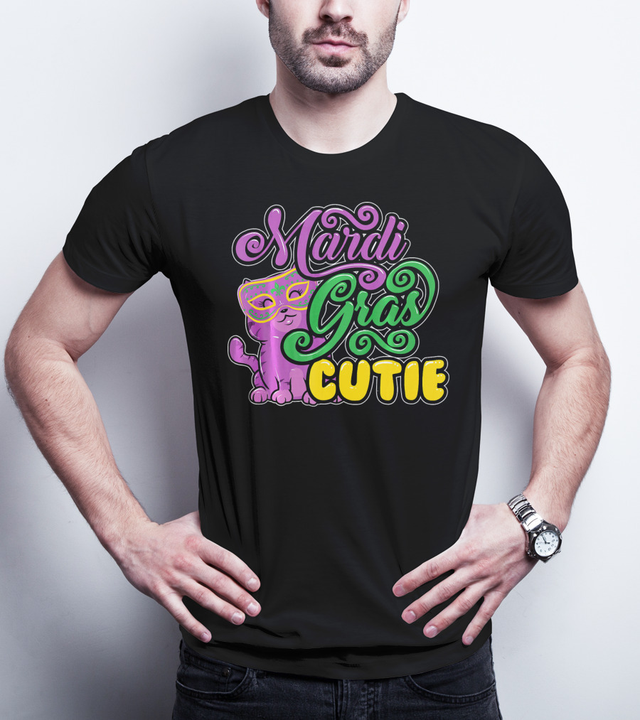 Mardi Gras Cutie Girls Parade Cute Novel Cat With Mask T-Shirt