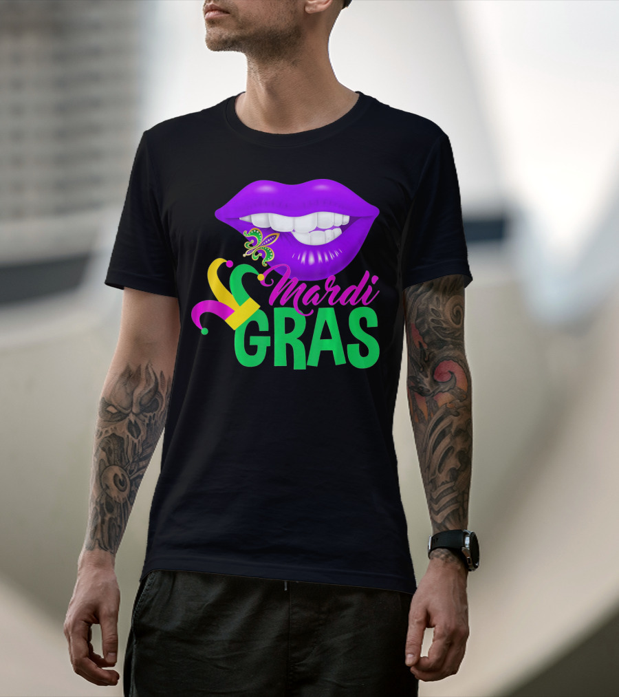 Mardi Gras Lips With Jester Hat And Fleur-de-Lis T-Shirt