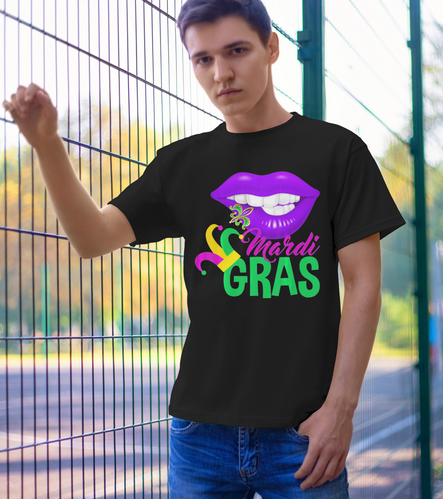 Mardi Gras Lips With Jester Hat And Fleur-de-Lis T-Shirt