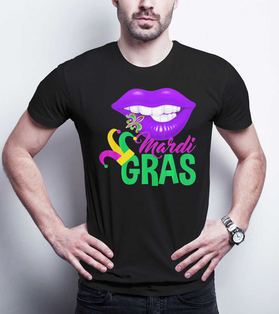 Mardi Gras Lips With Jester Hat And Fleur-de-Lis T-Shirt