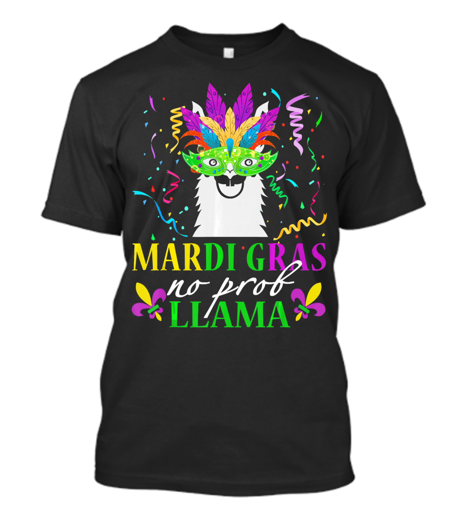 Mardi Gras No Prob Llama Colorful Celebration Mask And Confetti T-Shirt