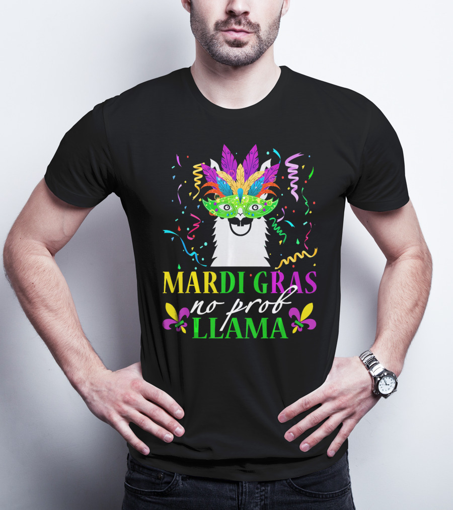 Mardi Gras No Prob Llama Colorful Celebration Mask And Confetti T-Shirt