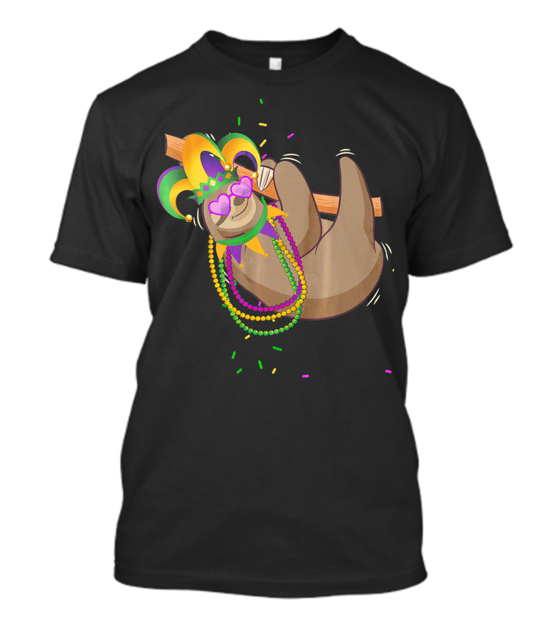Mardi Gras Sloth Wearing Colorful Beads And Jester Mask T-Shirt