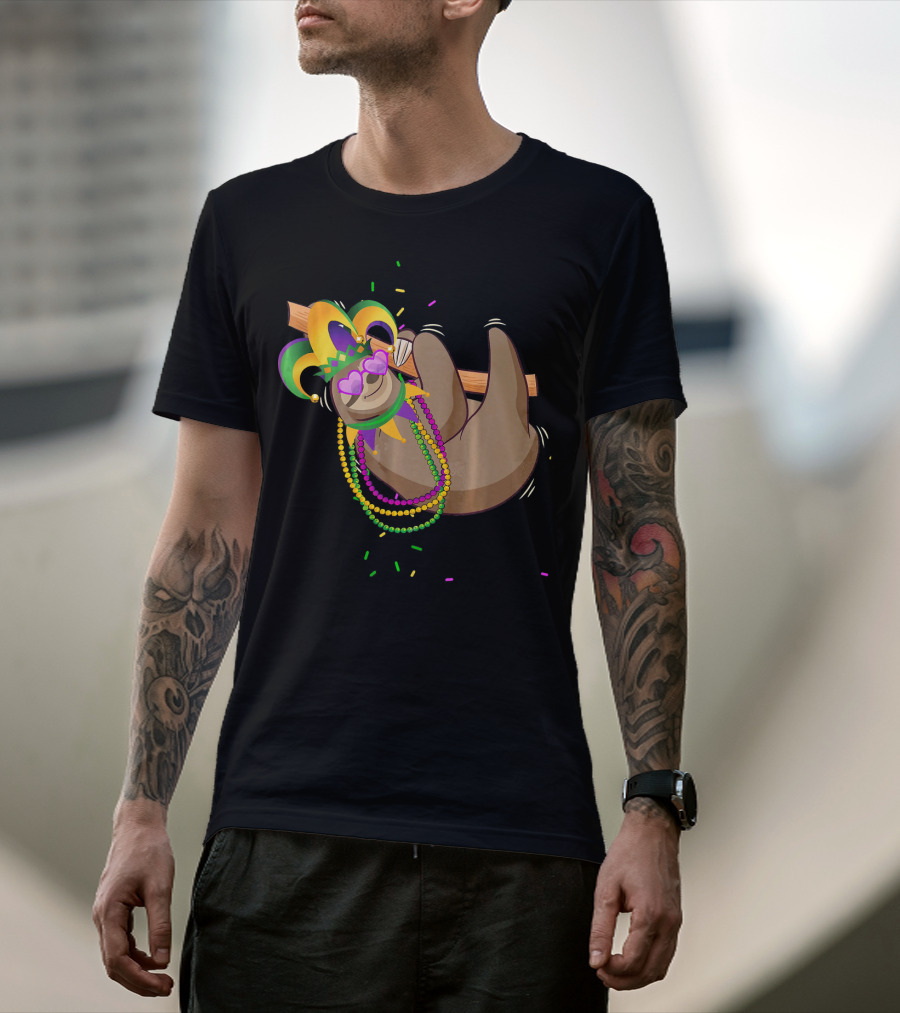 Mardi Gras Sloth Wearing Colorful Beads And Jester Mask T-Shirt