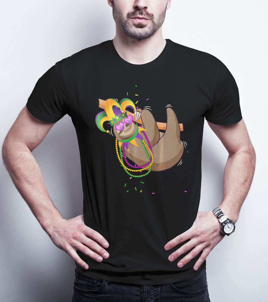 Mardi Gras Sloth Wearing Colorful Beads And Jester Mask T-Shirt