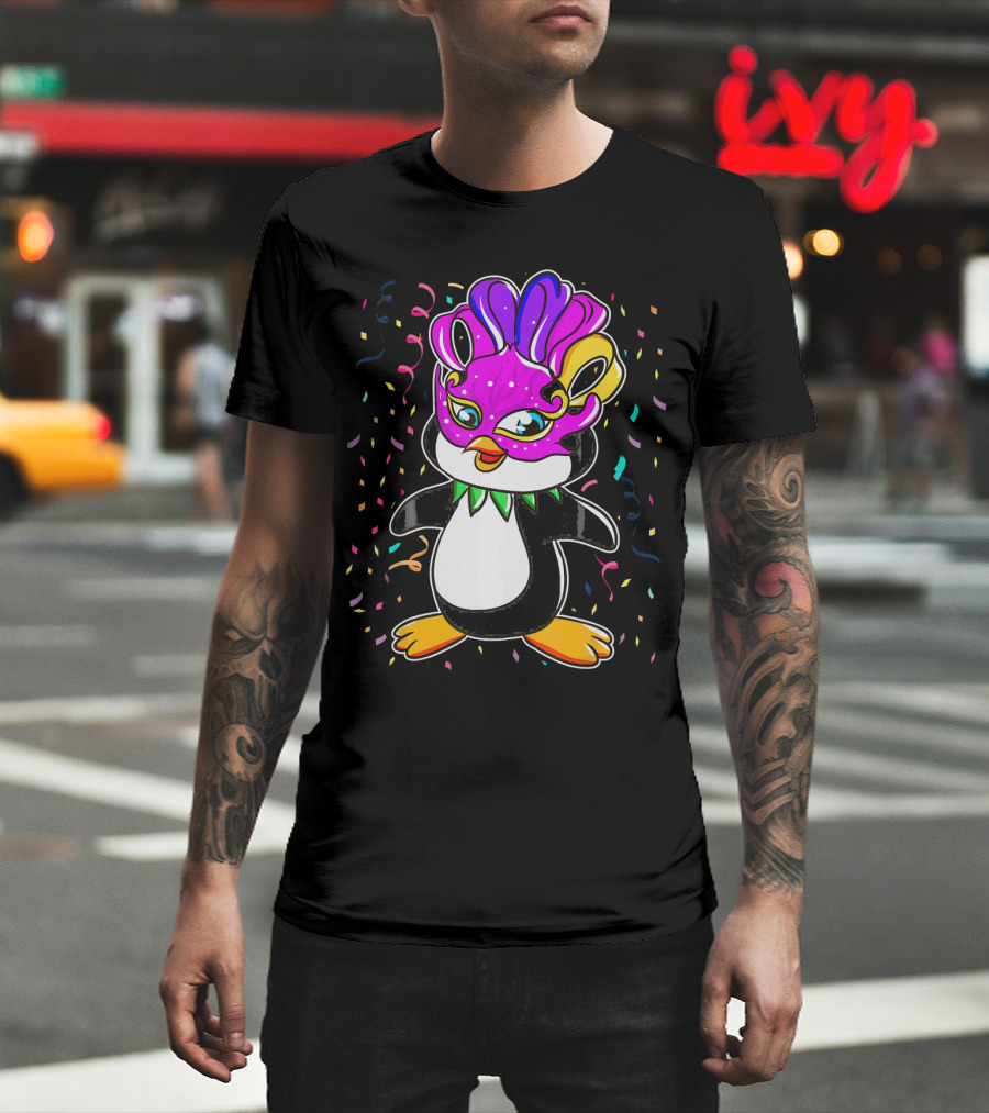 Penguin Mardi Gras Lover Funny Masquerade Festive Confetti T-Shirt