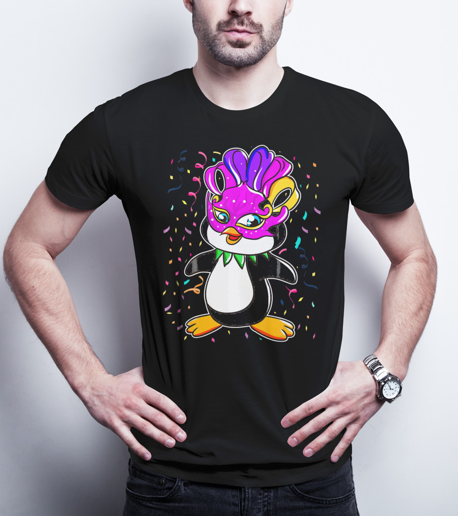 Penguin Mardi Gras Lover Funny Masquerade Festive Confetti T-Shirt