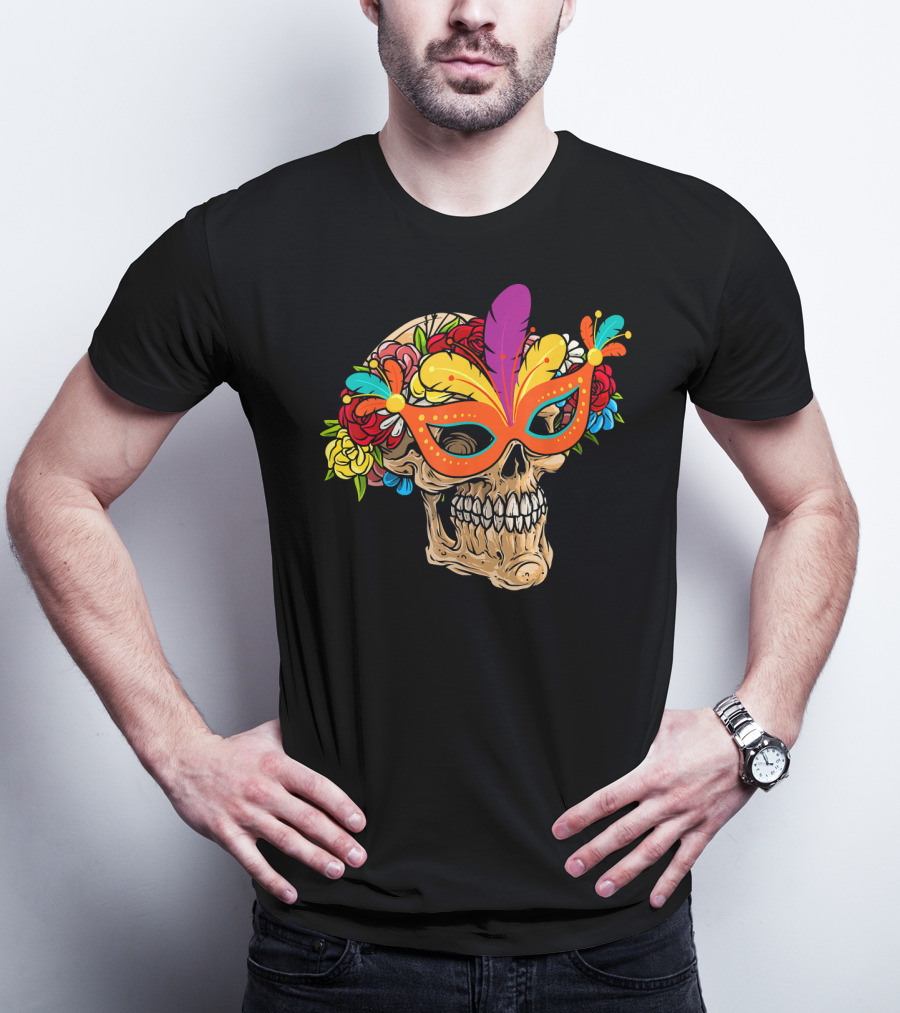 Mardi Gras Skull Mask With Colorful Floral Jester Hat T-Shirt