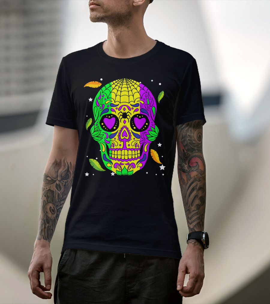 Mardi Gras Skull Jester Hat Colorful Feather T-Shirt
