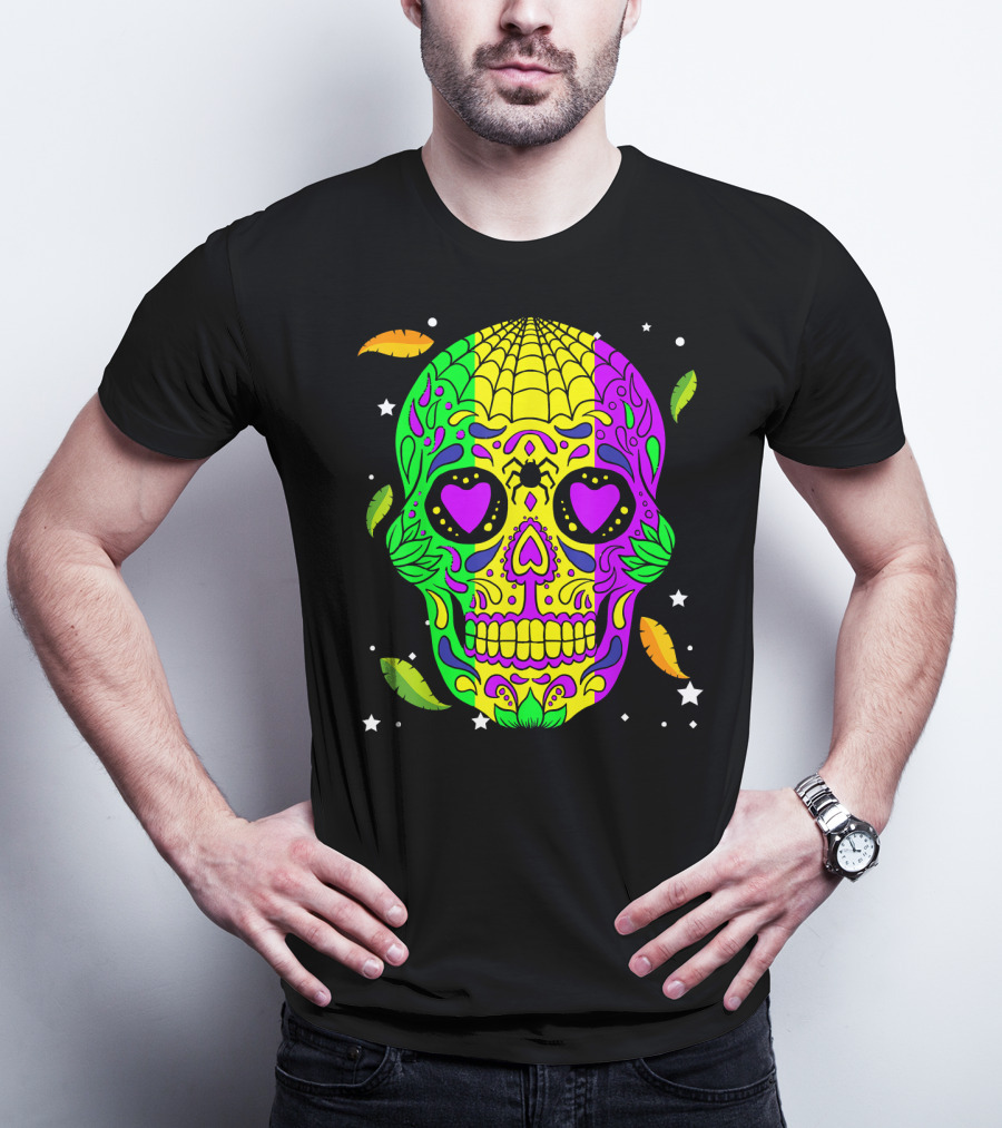 Mardi Gras Skull Jester Hat Colorful Feather T-Shirt