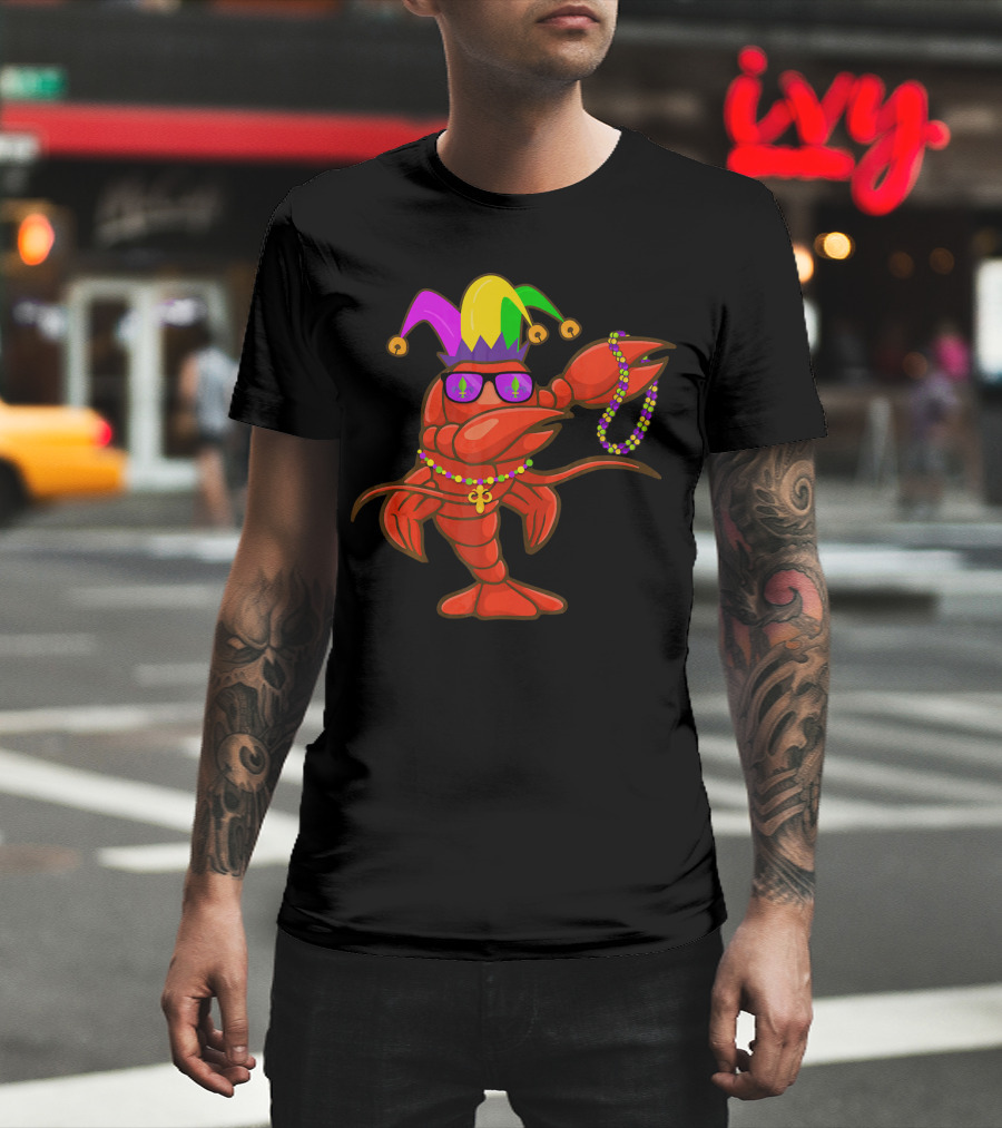 Jester Hat Crawfish Dabbing With Mardi Gras Beads Party T-Shirt
