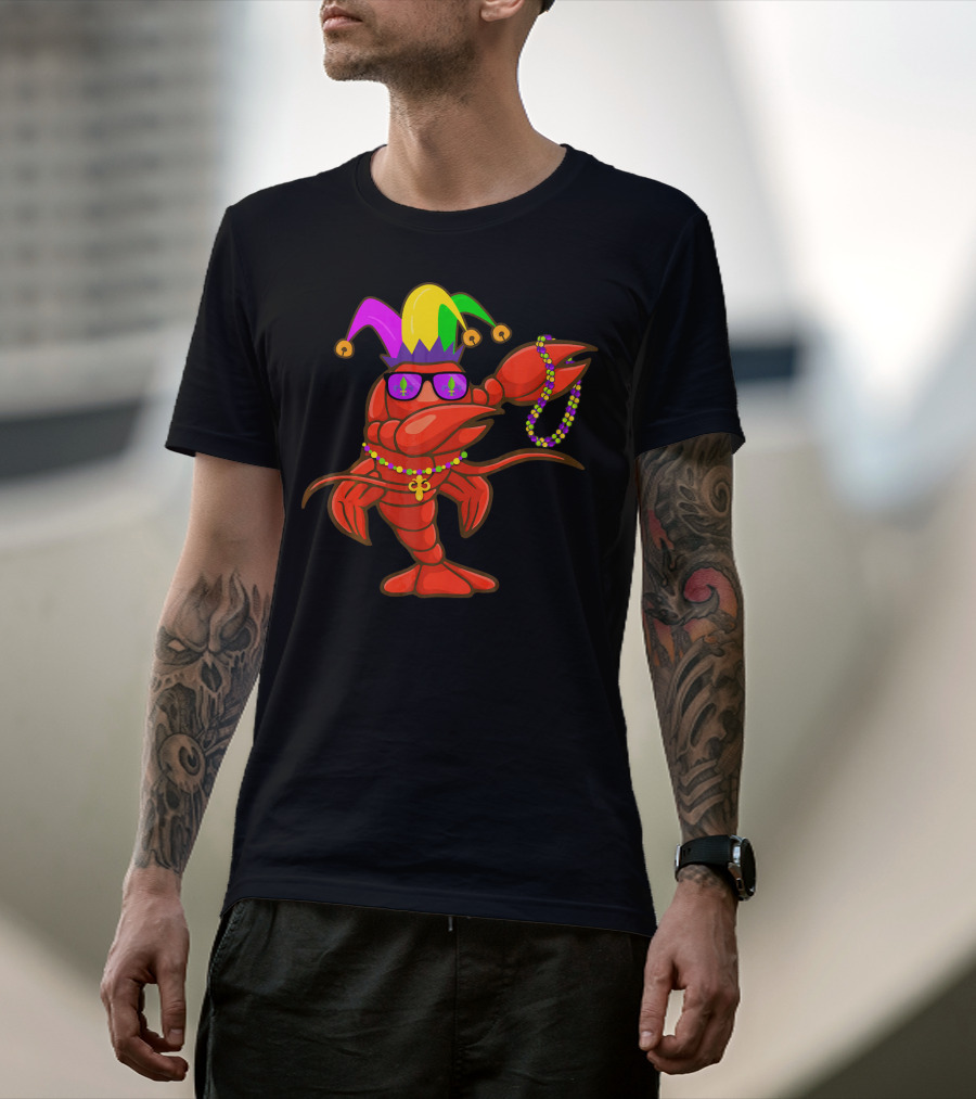 Jester Hat Crawfish Dabbing With Mardi Gras Beads Party T-Shirt