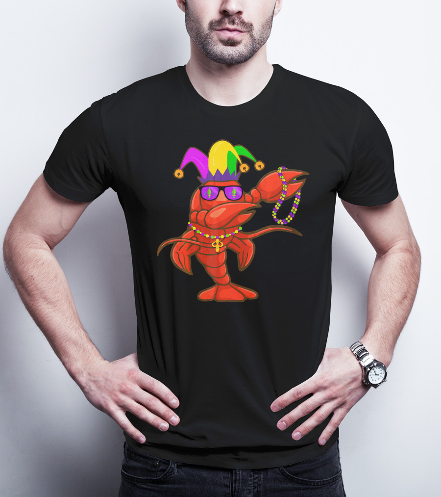 Jester Hat Crawfish Dabbing With Mardi Gras Beads Party T-Shirt