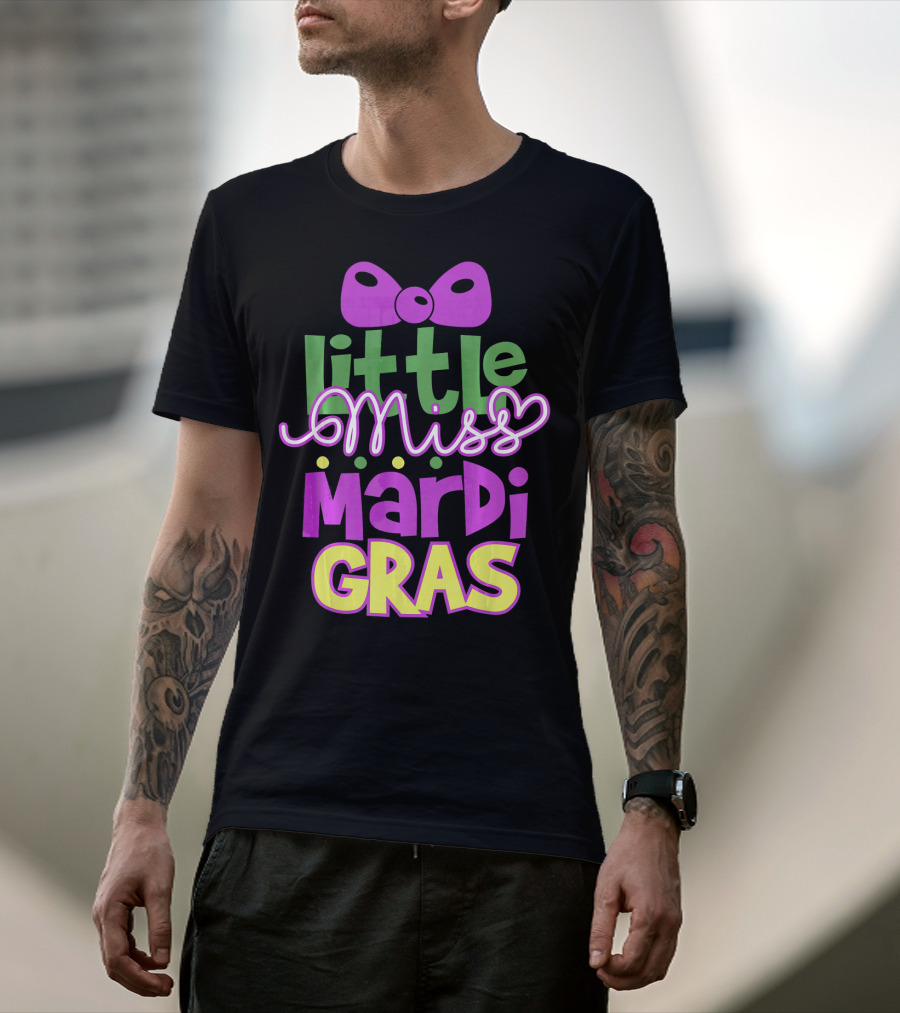 Little Miss Mardi Gras Bow Colorful Letters T-Shirt
