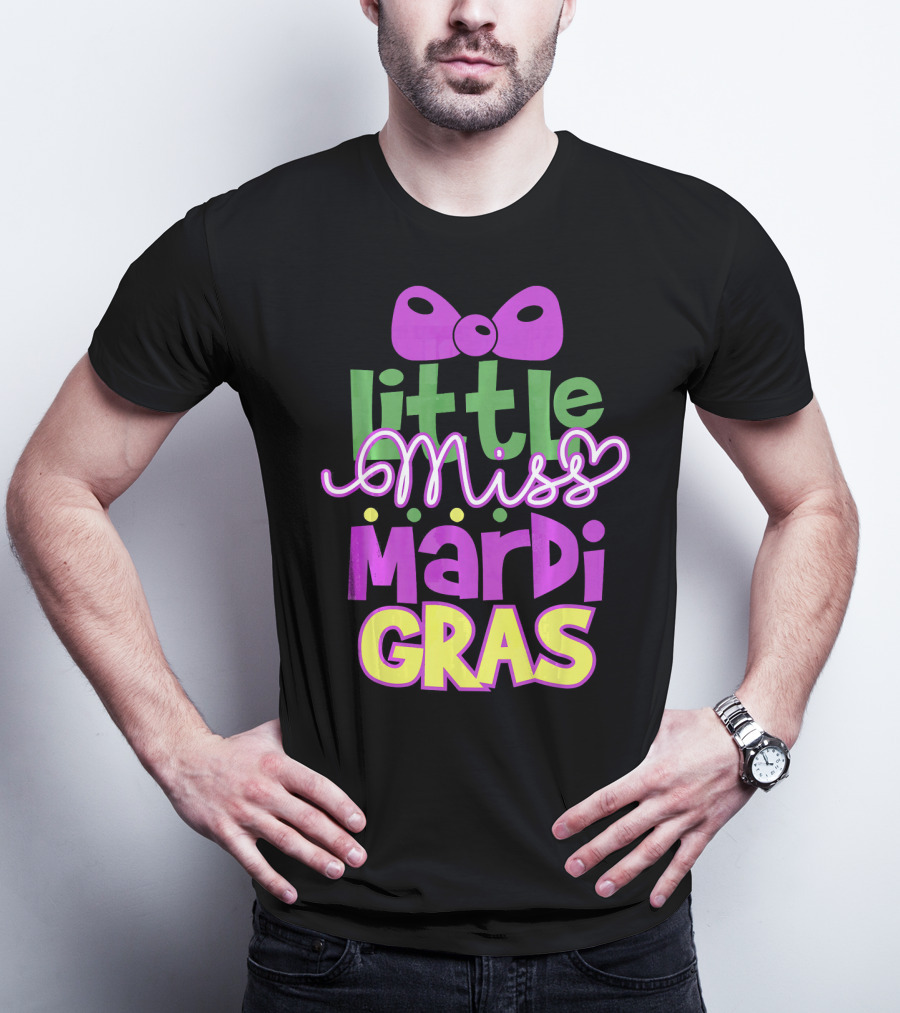 Little Miss Mardi Gras Bow Colorful Letters T-Shirt