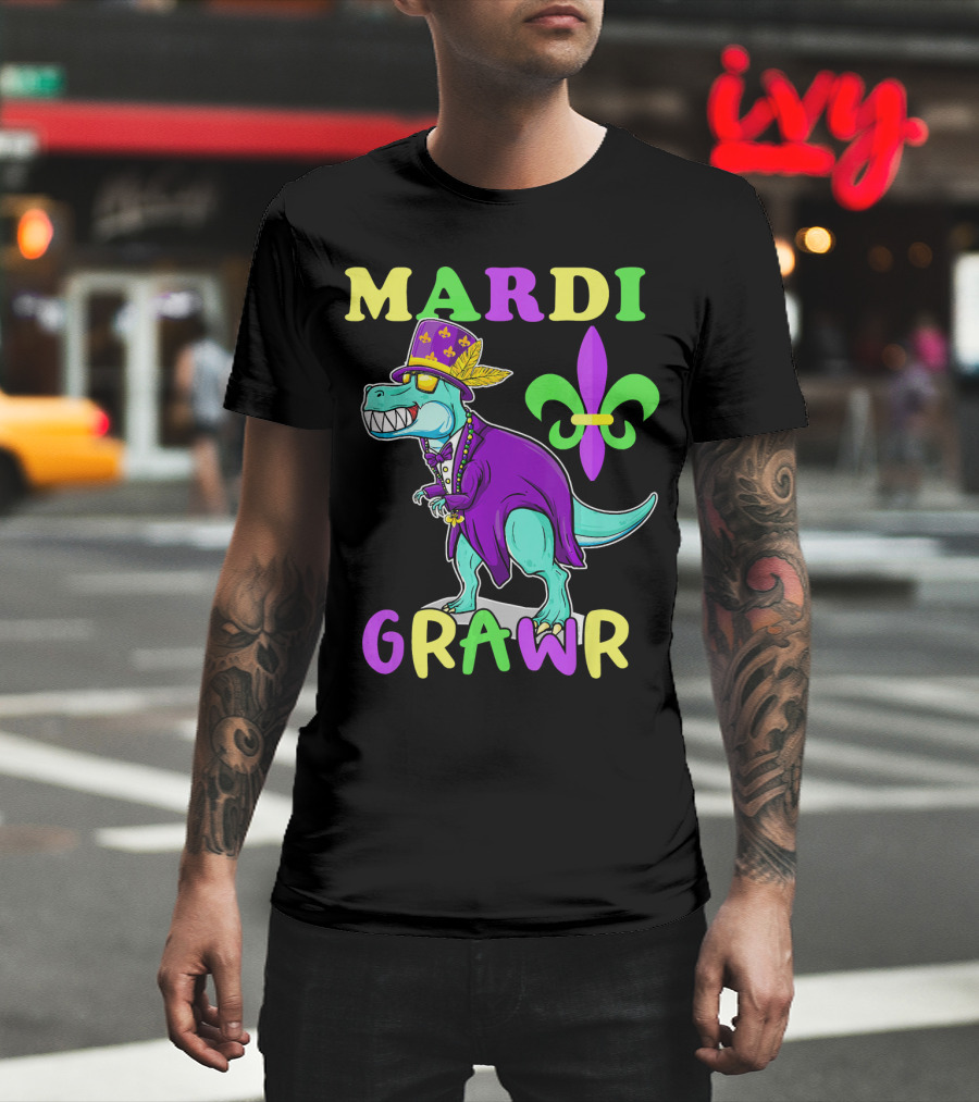 Mardi Grawr Dinosaur Rex New Orleans Fleur De Lis T-Shirt
