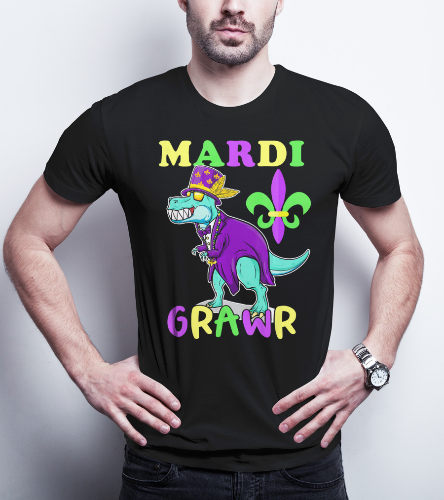 Mardi Grawr Dinosaur Rex New Orleans Fleur De Lis T-Shirt