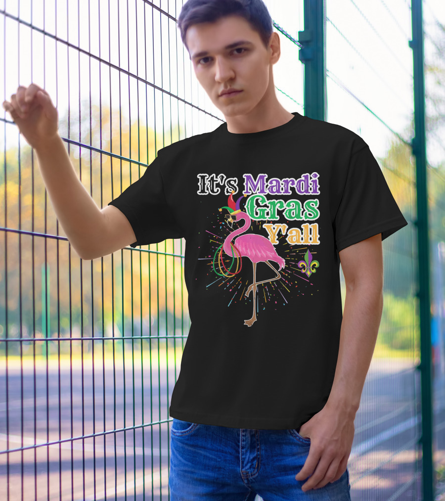 Flamingo It's Mardi Gras Y'all With Beads And Fleur-de-lis T-Shirt