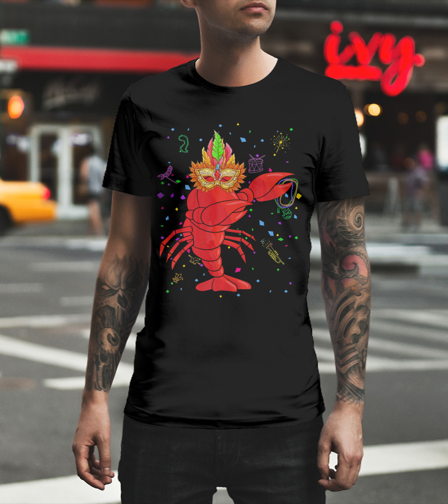 Dabbing Lobster With Mardi Gras Mask And Beads Confetti T-Shirt