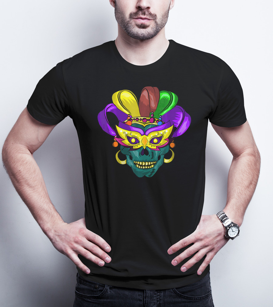 Mardi Gras Sugar Skull Colorful Mask Feather Parade Costume T-Shirt