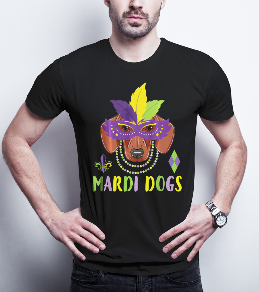Mardi Dogs Dachshund Mask Beads Fleur-de-Lis Feathers T-Shirt
