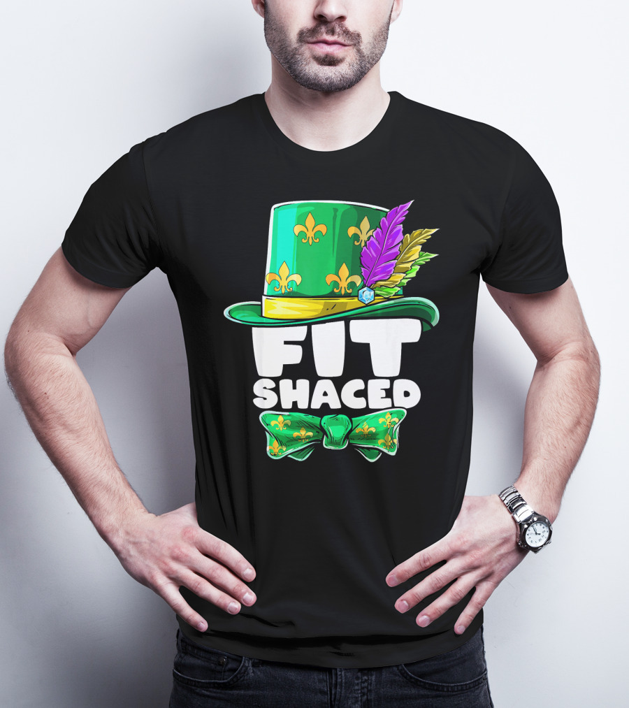 Mardi Gras Fit Shaced Green Hat Fleur-de-Lis Bow Tie Feathers T-Shirt
